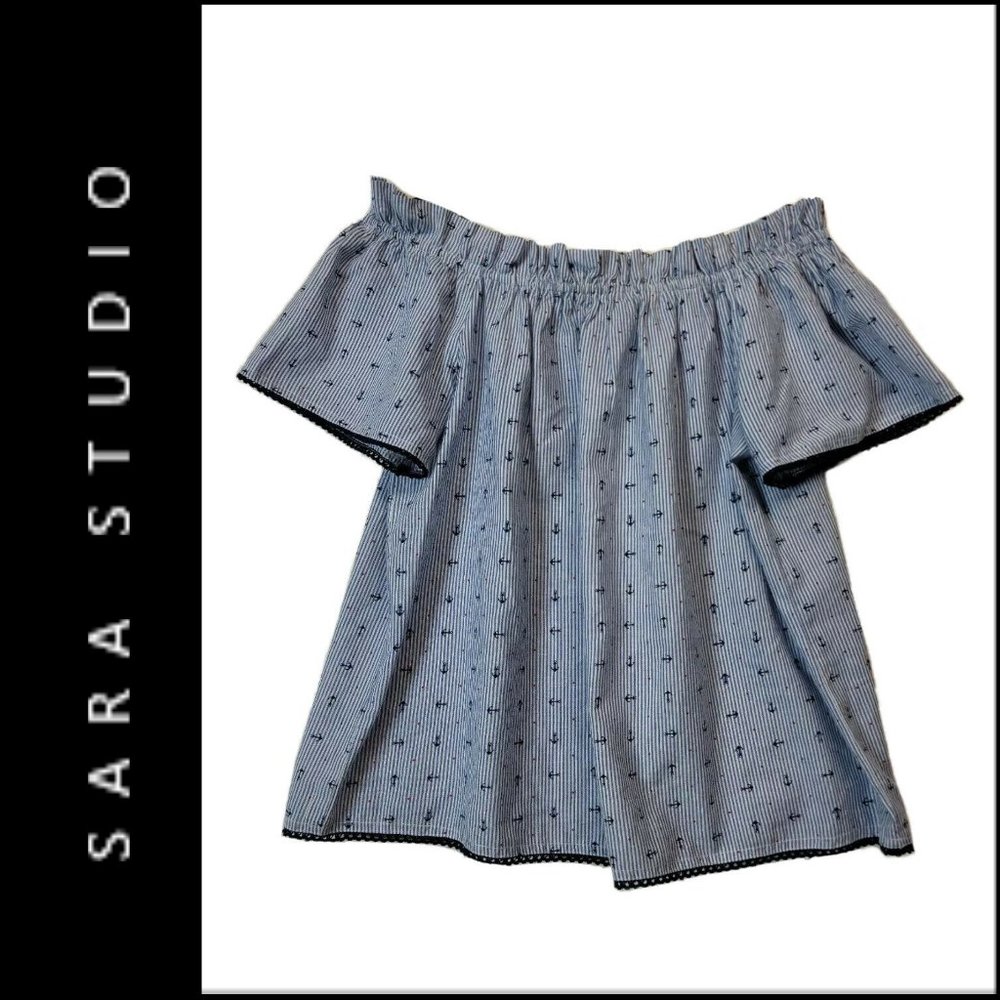 Sara Studio Women Off Shoulder Blouse Pinstripe - Gem